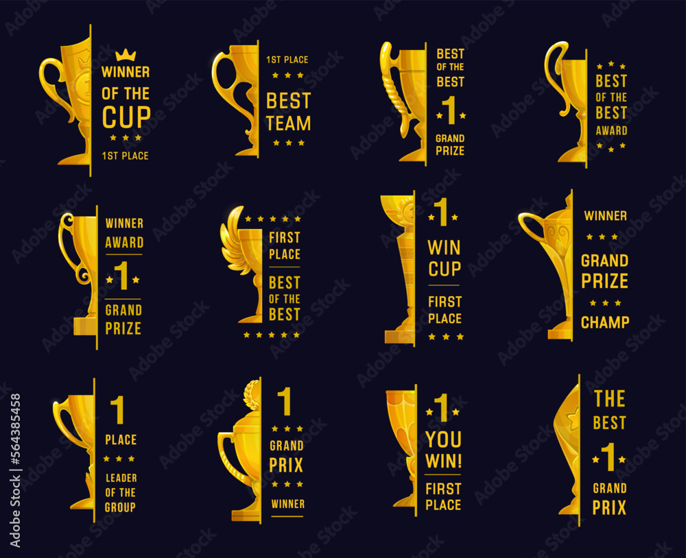 Winner and first place labels with golden trophy bowl. Competition ...