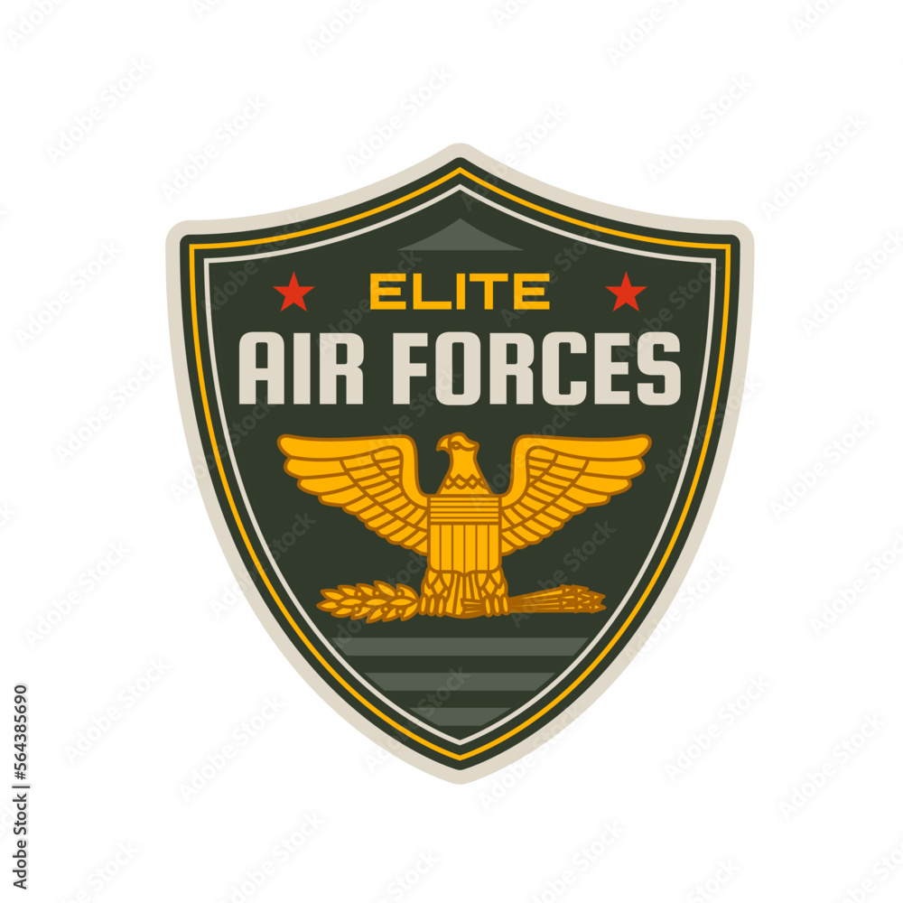 Elite air forces icon of vector military badge with gold eagle, spread ...
