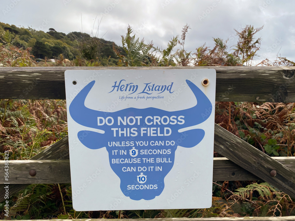 Herm Island, Guernsey, UK -2022: Funny sign warning about a bull. Life ...