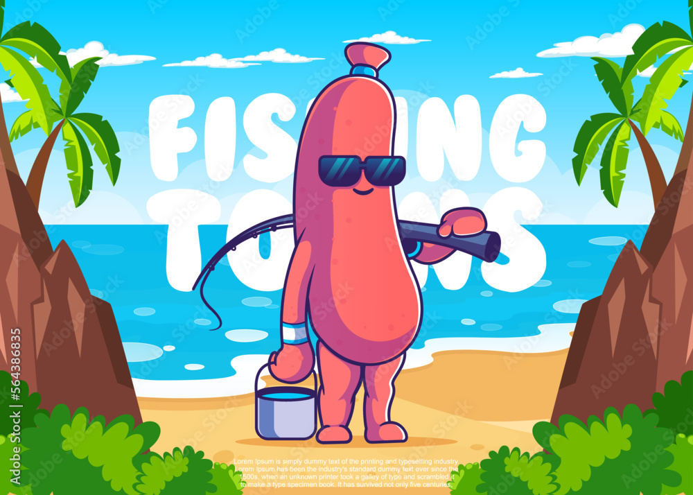 fishing sausage character icon vector illustration, flat cartoon style ...