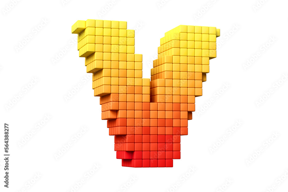 16-bit font pixel art style letter V in yellow and orange. High ...