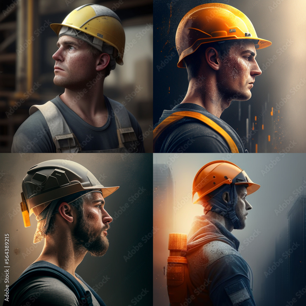 building worker in a helmet. focus on the face in profile. created by ...
