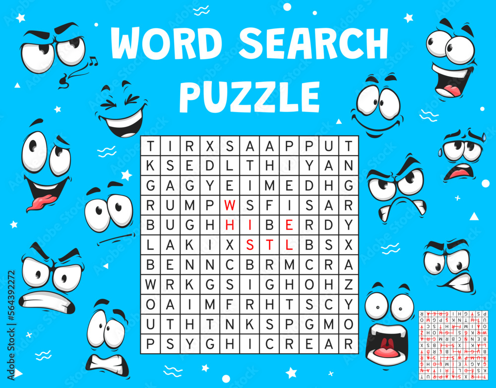Cartoon emoji face expression, word search puzzle game worksheet ...
