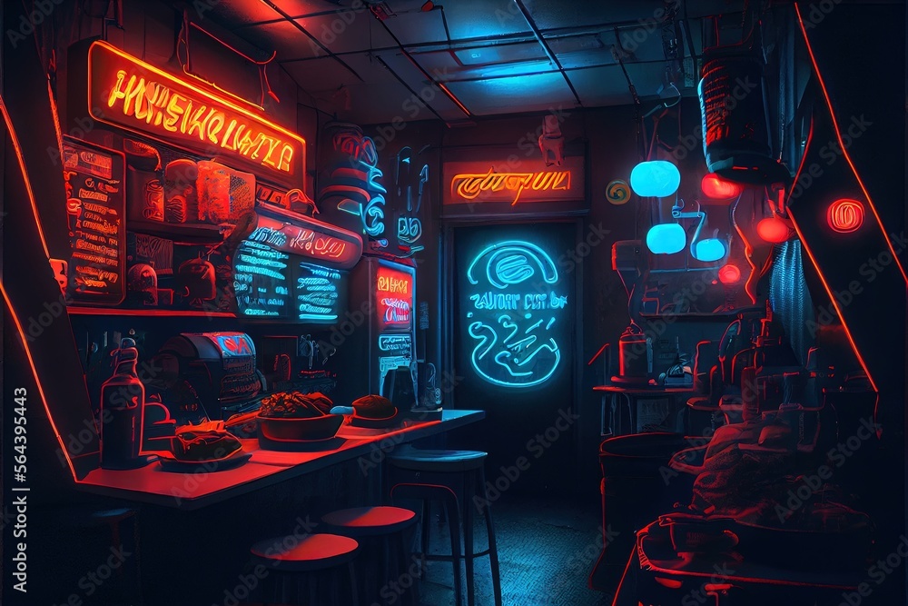 Cyberpunk ramen shop interior with neon signs. Digitally generated AI ...