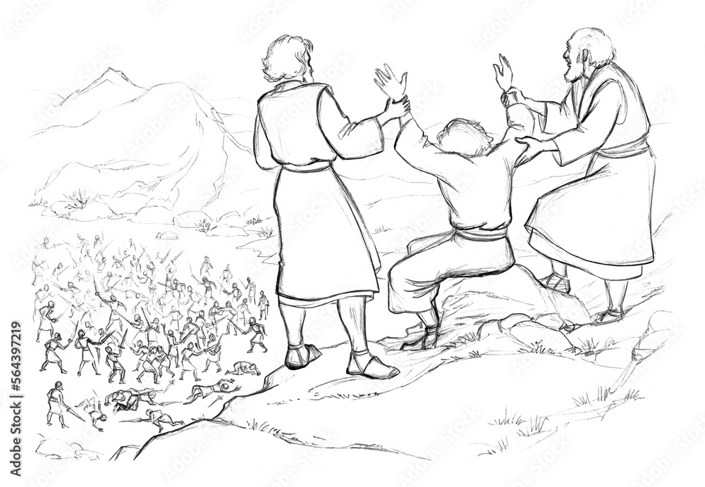 Pencil drawing. Hor and Aaron hold the hands of Moses Stock ...