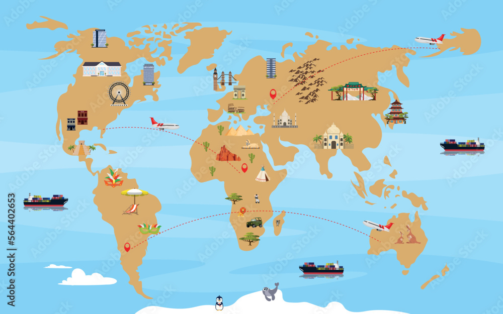 Vector illustration of an interesting playing world map. Cartoon map ...