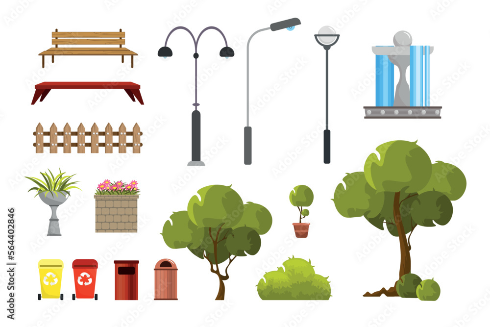 Set of beautiful park equipment with side view in cartoon style. Vector ...