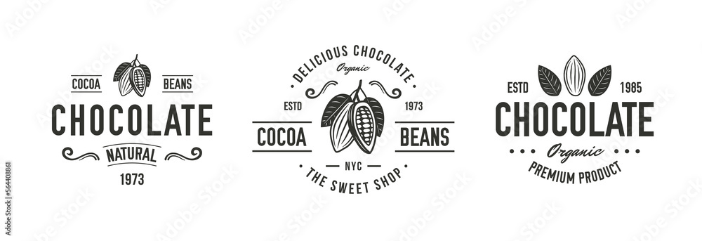 Chocolate logo set. 3 chocolate emblems with cocoa beans icons. Cocoa ...