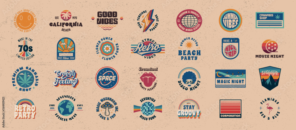 Vector set of signs and logos in Retro Groovy. Retro 70s logos for t-shirt, tee, typography ...