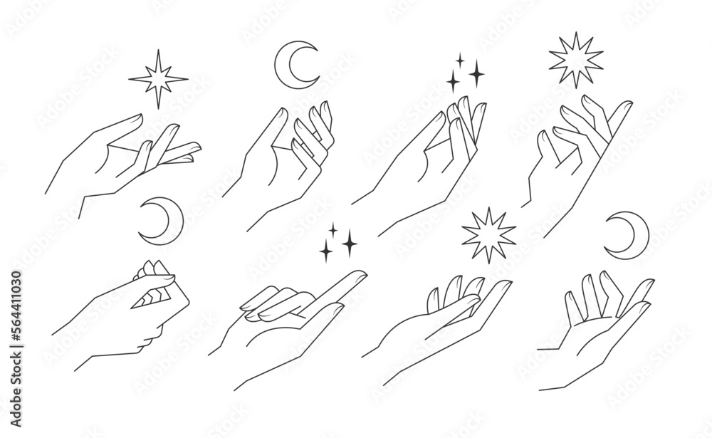Aesthetic hands vector linear illustrations. Stylized elegant hand ...
