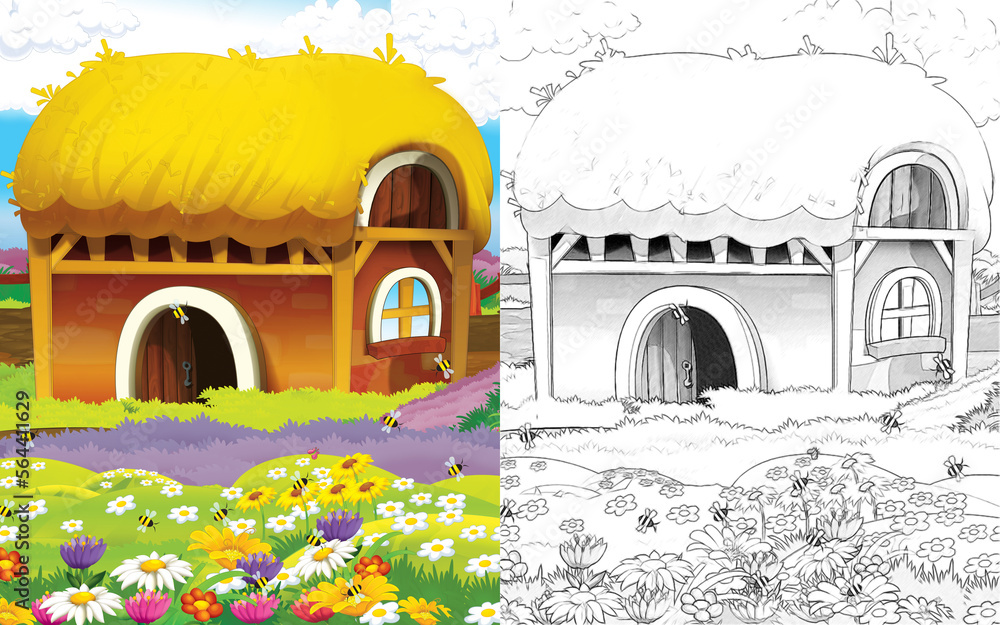 cartoon scene with funny looking farm house on the hill - illustration ...