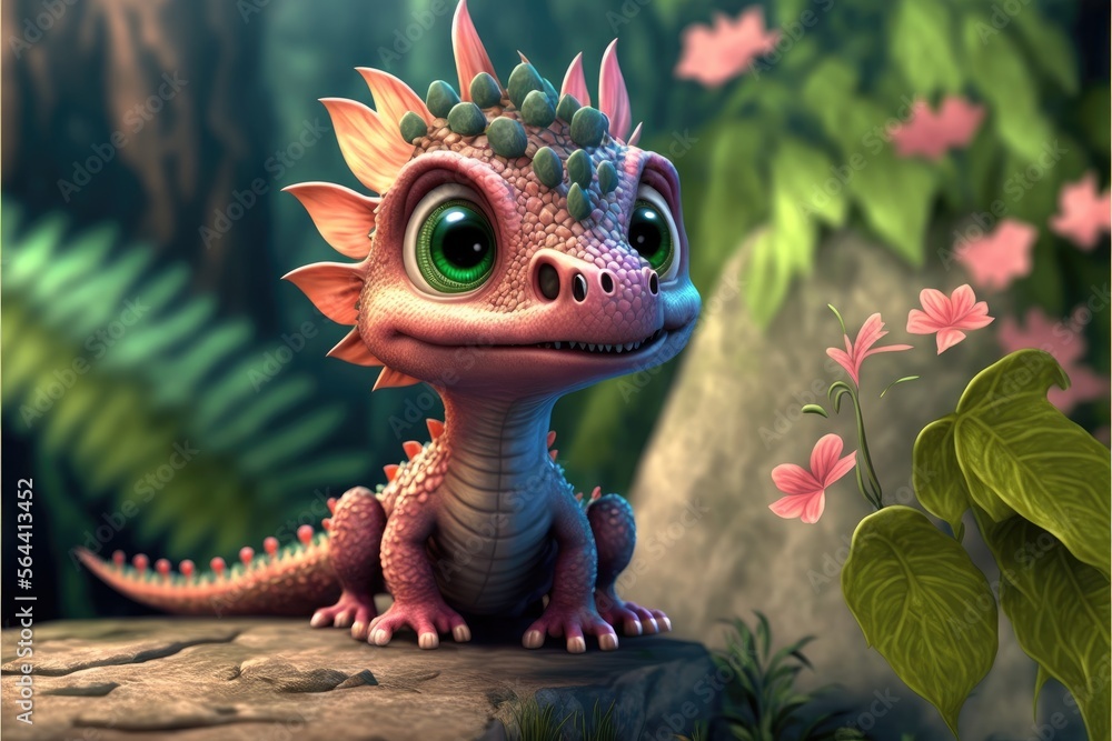 a cute adorable baby dragon lizard 3D Illustation stands in nature in the style of children ...