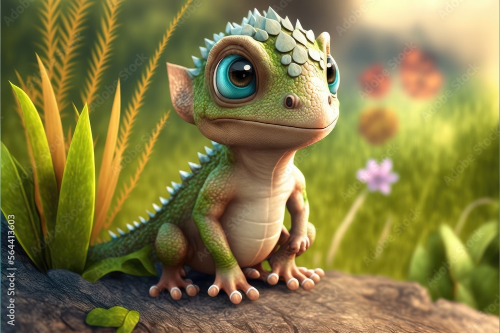 a cute adorable baby dragon lizard 3D Illustation stands in nature in the style of children ...
