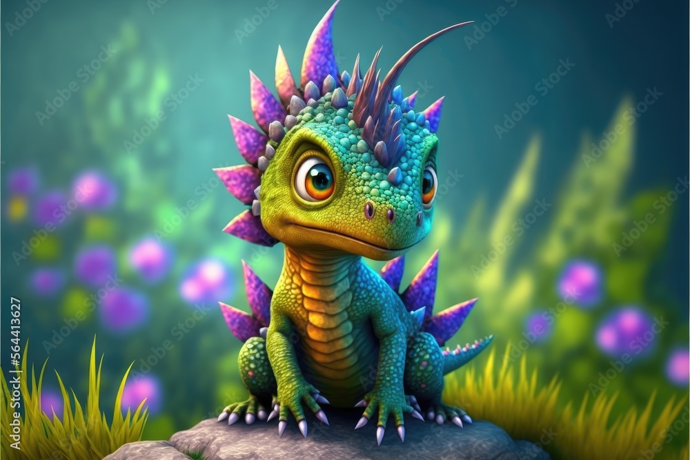 a cute adorable baby dragon lizard 3D Illustation stands in nature in the style of children ...
