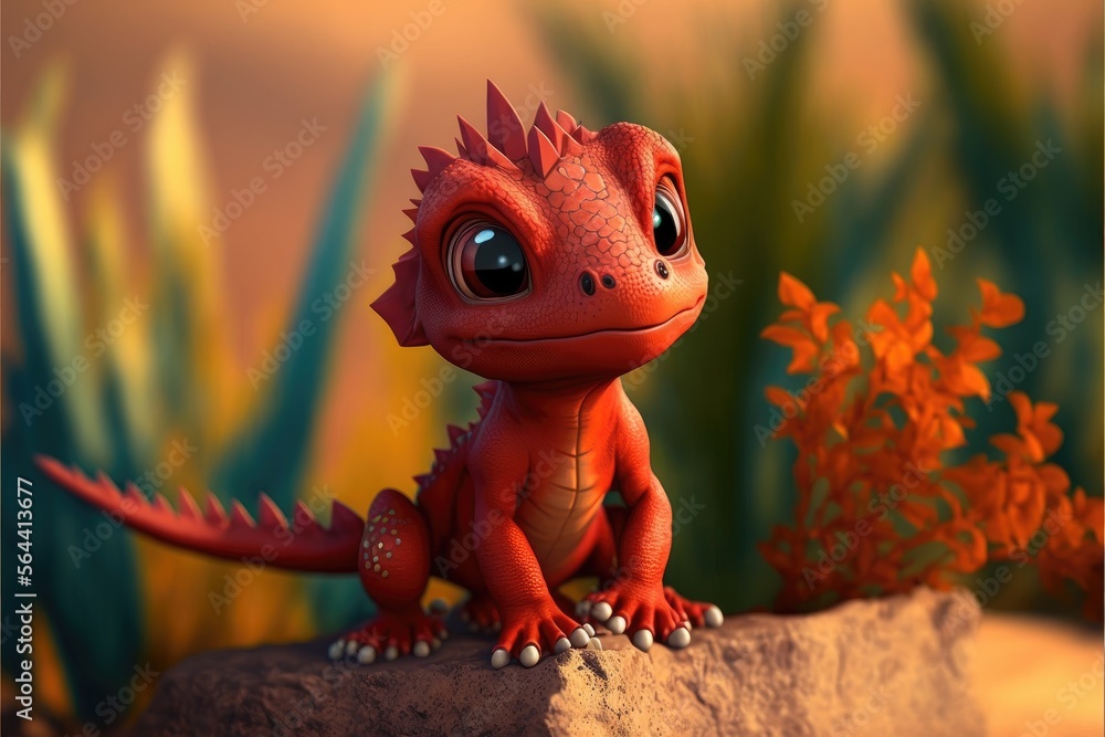 a cute adorable baby red lizard generative ai rendered in the style of ...