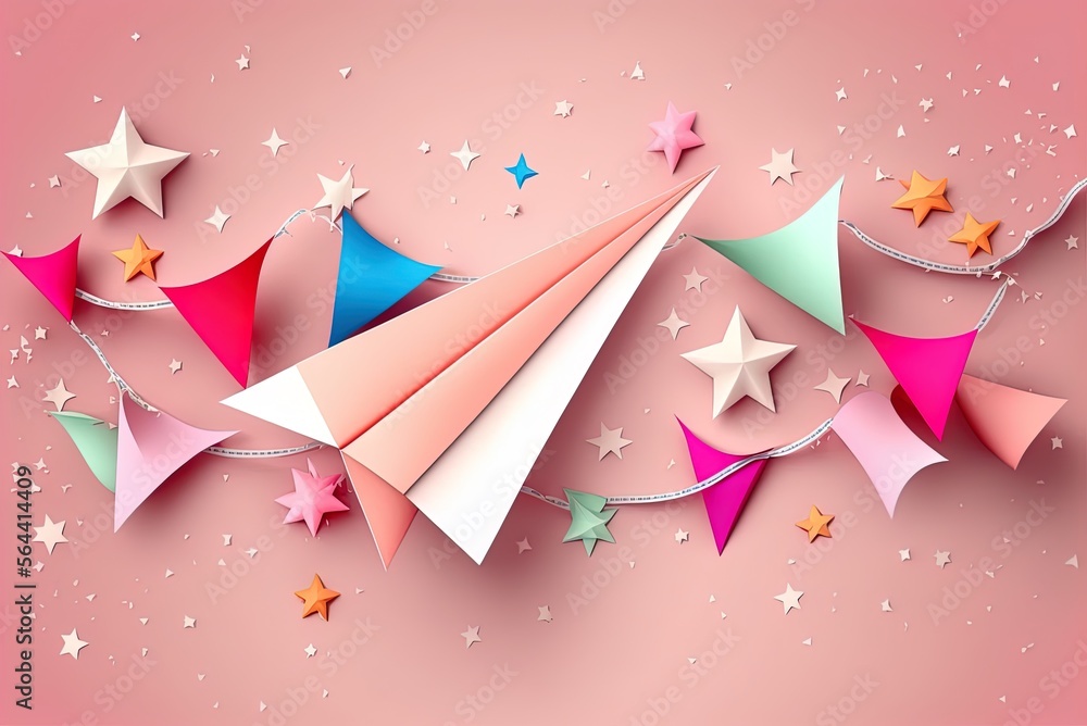There's a pink paper airplane with a rainbow of flags and a starry sky ...