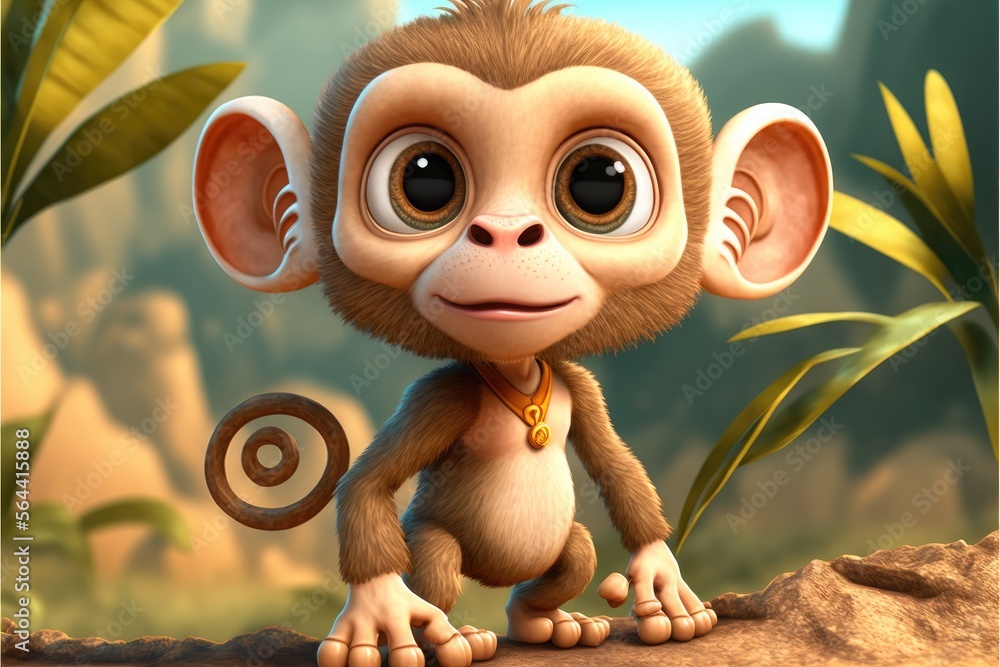 a cute adorable baby Monkey generative ai rendered in the style of children-friendly cartoon ...