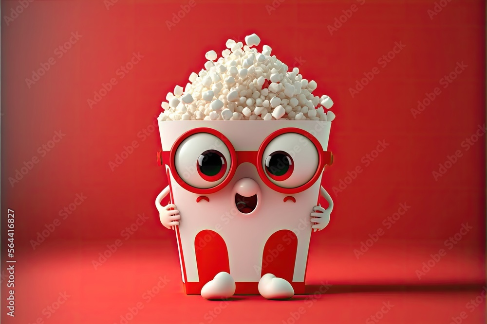Generative AI Cute 3D Cartoon character popcorn red background Stock ...
