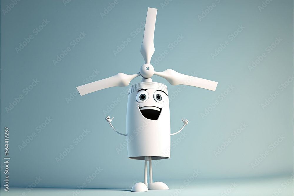 Cute 3D Cartoon white slim wind turbine character. Generative AI Stock ...