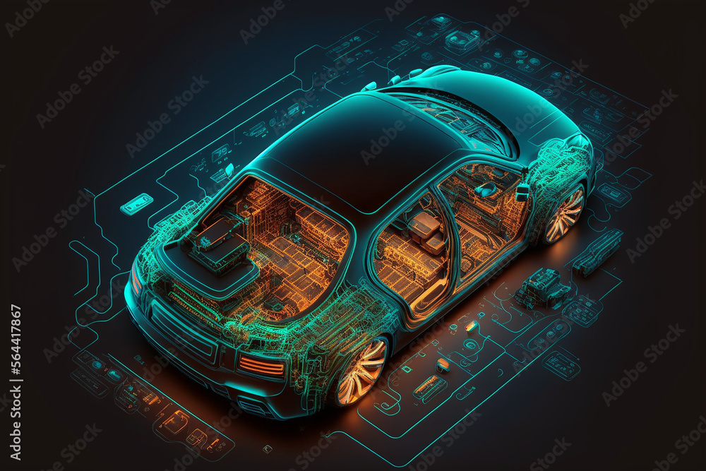 Top view of the car. Futuristic car service, scanning and auto data ...