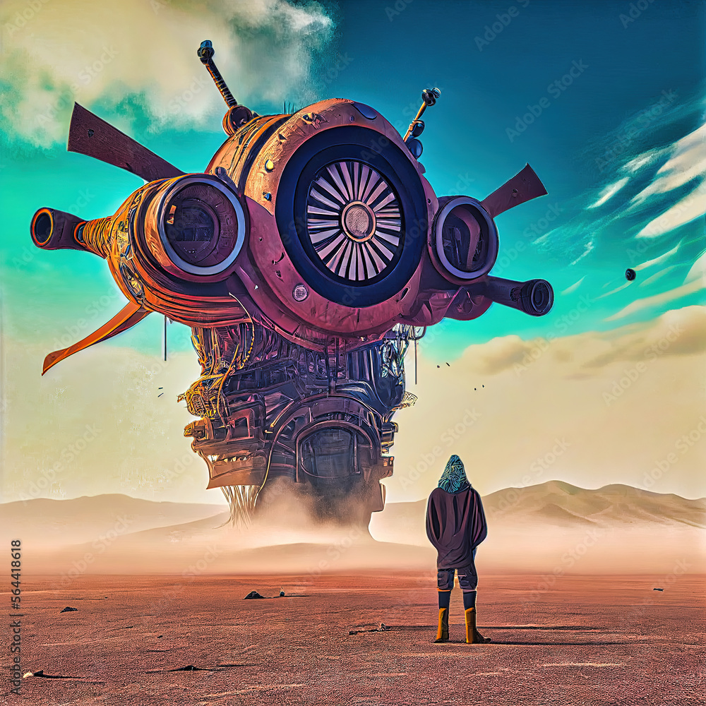 Apocalypse warrior facing a giant mechanical beast in desert Stock ...