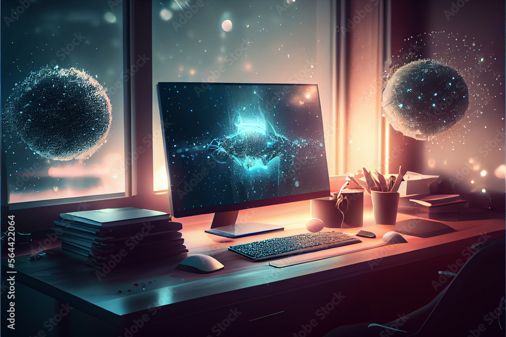 Futuristic workspace with hologram computer. Desktop computer with ...