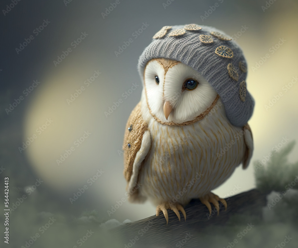 Cute owl, small cute animated barn owl sitting on a ledge wearing a ...