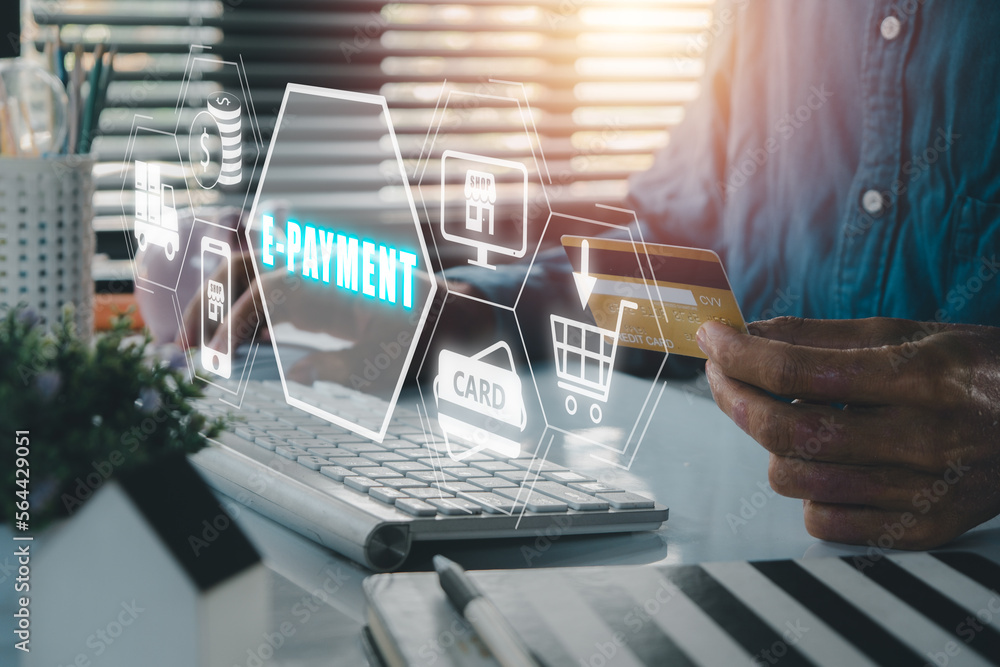 E-Payment Internet Banking Technology Concept, Person using computer ...