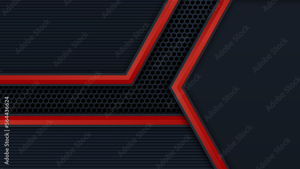 Abstract black and red polygon with red glow lines on dark steel mesh ...