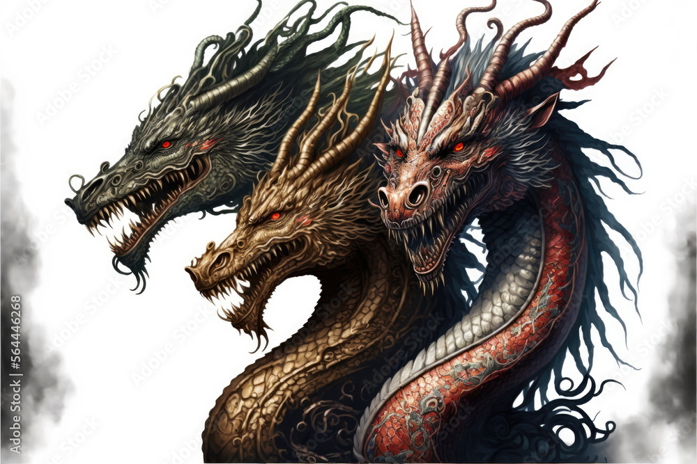 three heads of chinese dragon on white background, Made by AI ...