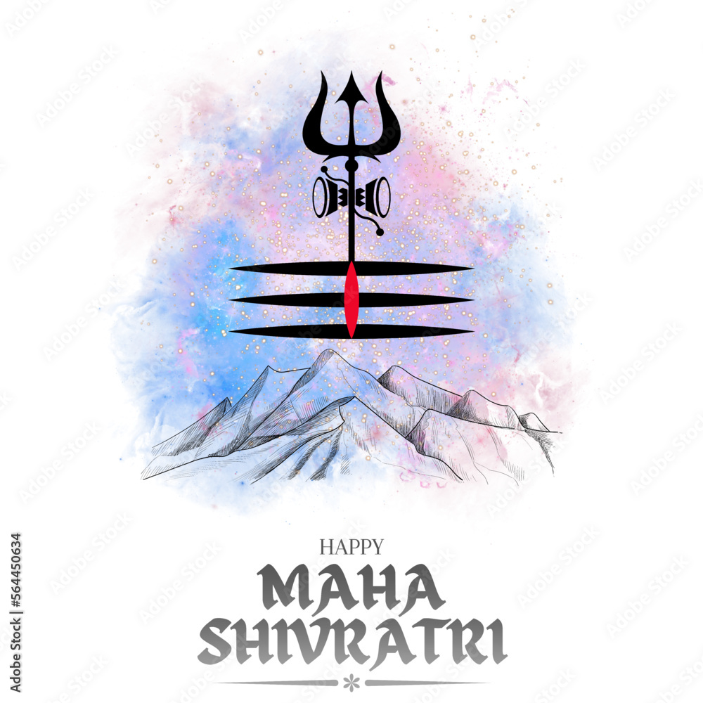 happy maha Shivratri with trisulam and Himalayas over abstract Milky ...