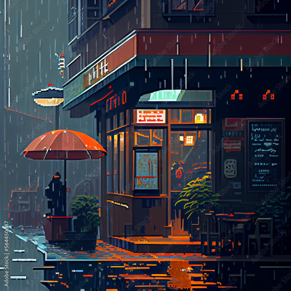 Pixel art Illustration of cafeteria on a rainy day in the city ...
