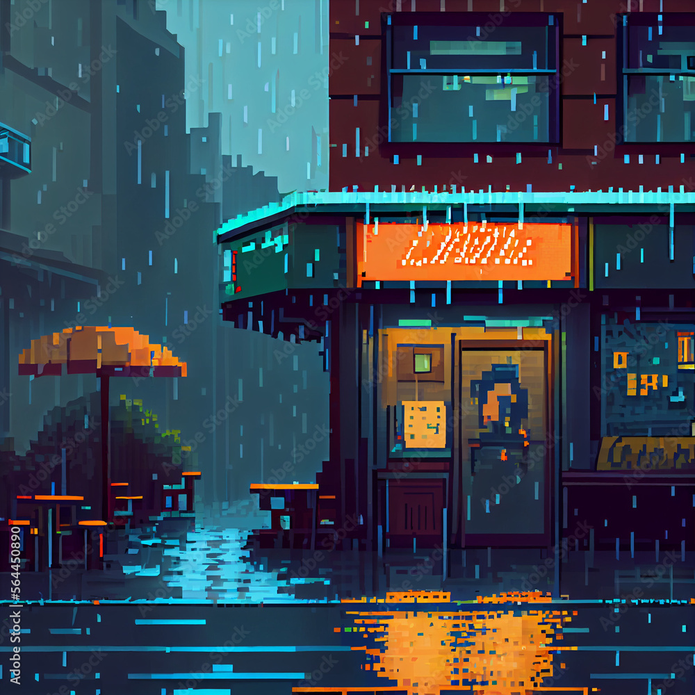 Pixel art Illustration of cafeteria on a rainy day in the city ...