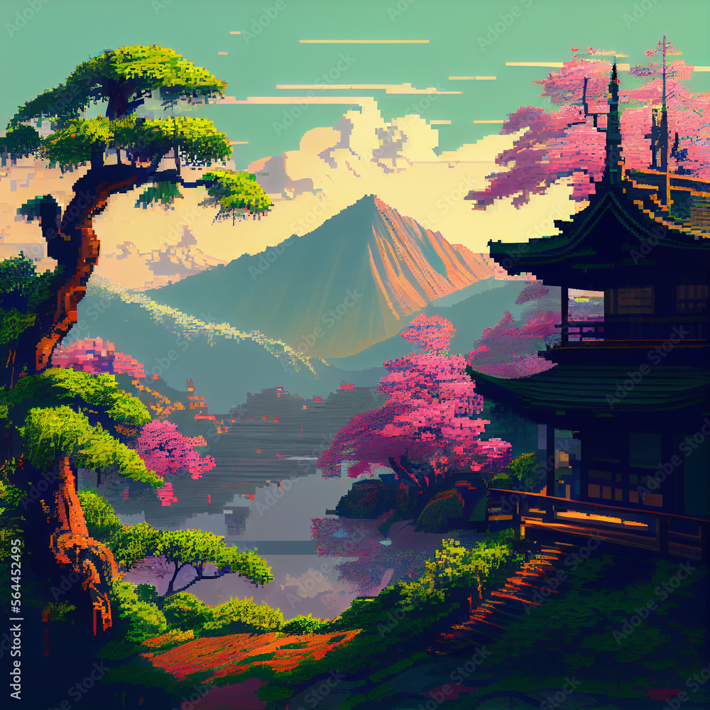 Pixel Art Illustration of a Japanese Landscape Generative Stock ...
