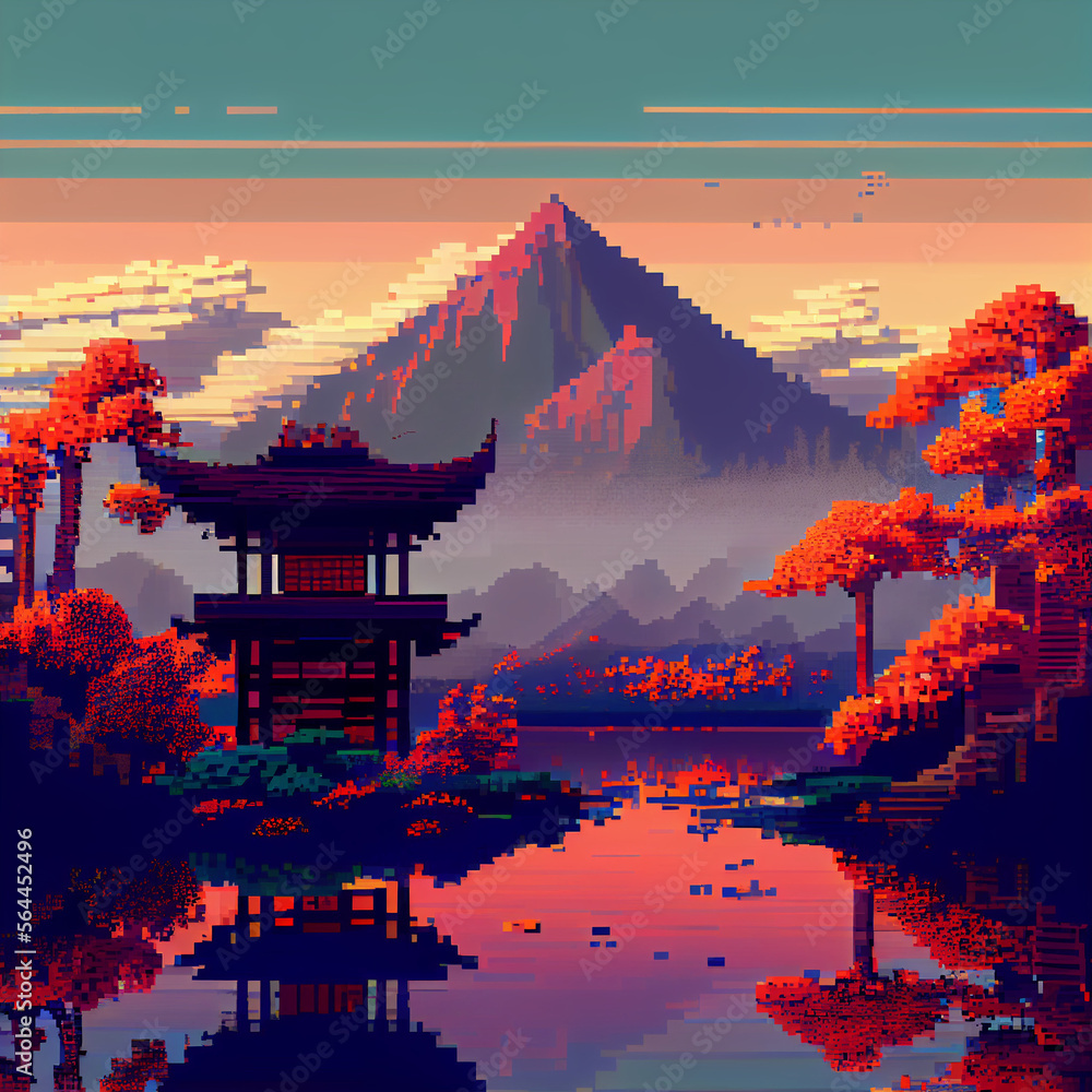 Pixel Art Illustration of a Japanese Landscape Generative Stock ...