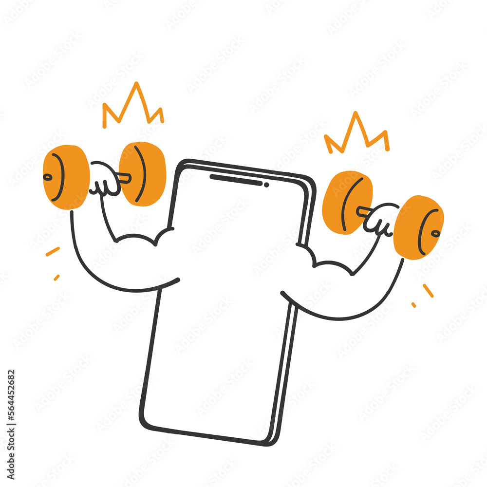 hand drawn doodle mobile phone with dumbbell symbol for online fitness ...