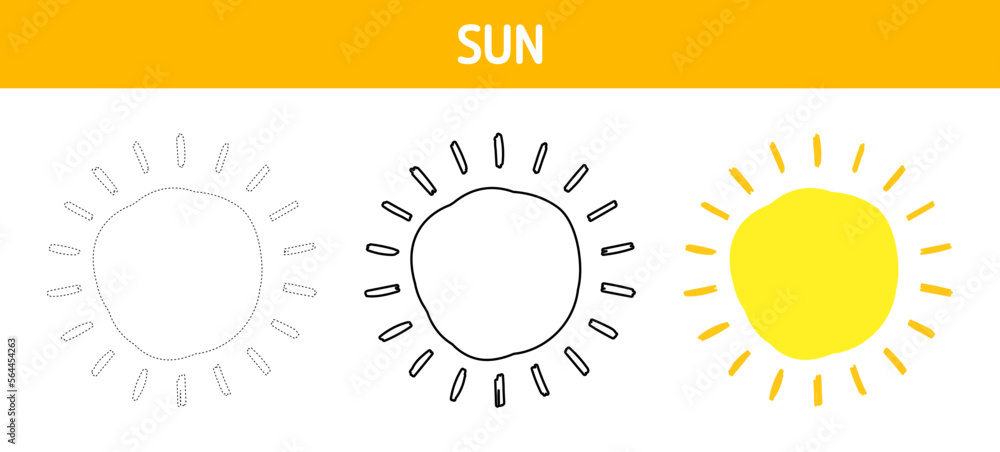 Sun tracing and coloring worksheet for kids Stock Vector | Adobe Stock