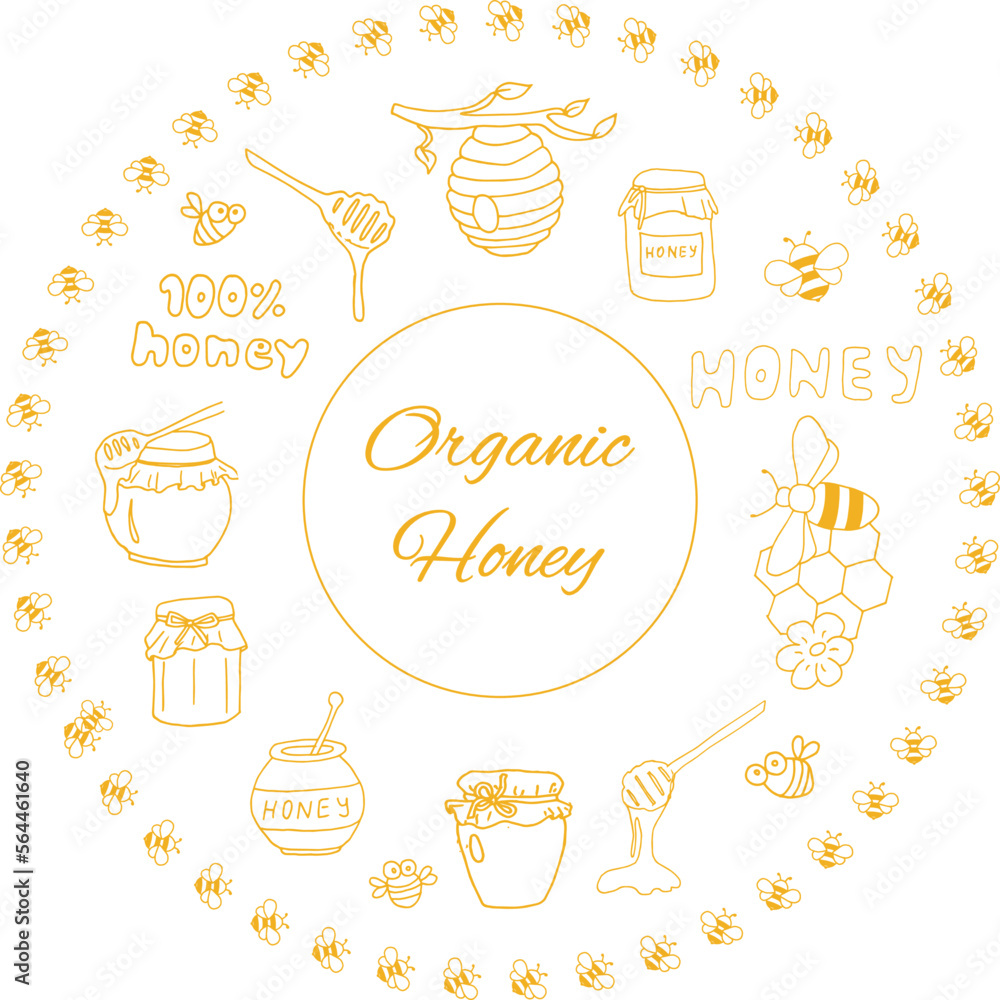 Organic honey border with honey jars and sunflowers bees suitable for ...