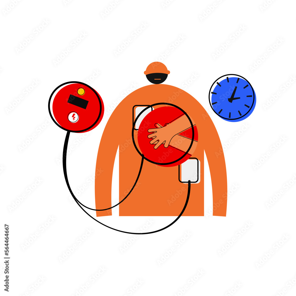 Cartoon characters of in patient chest compressions. CPR with AED ...