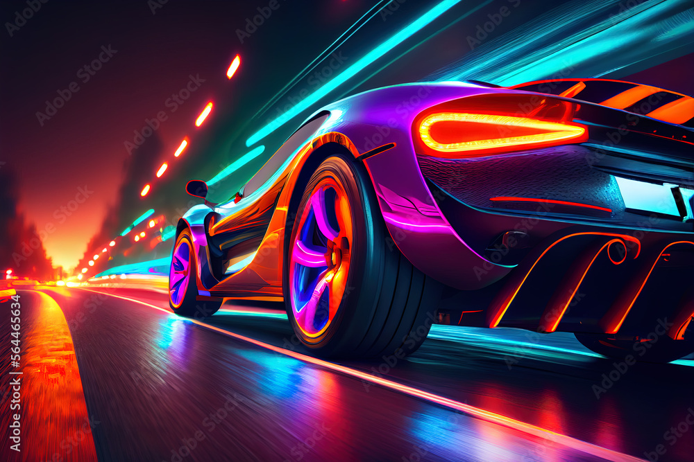 Speeding of a neon supercar on a night road. 3d illustration ...
