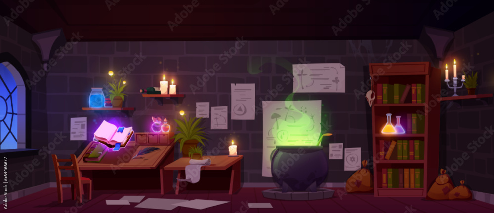 Magician room interior design. Vector cartoon illustration of ...