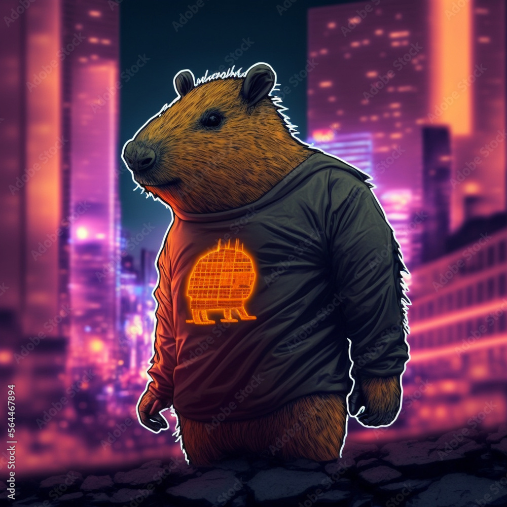 a capybara humanoid wearing a shirt, cyberpunk city with neon led on ...