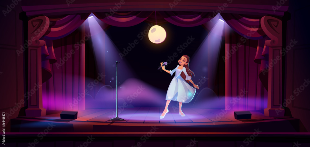 Pretty singer girl performing at concert. Vector cartoon illustration ...
