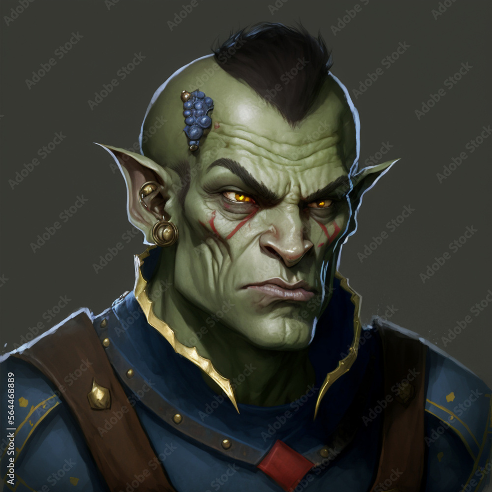 A photorealistic, medieval-style bust portrait of a Half-Orc male of ...