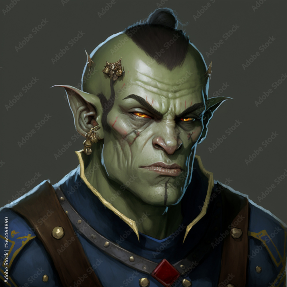 A photorealistic, medieval-style bust portrait of a Half-Orc male of ...