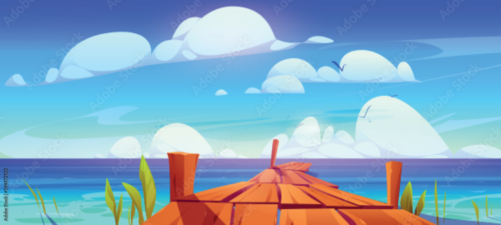 Vetor de Sea or lake water with wooden pier. Summer landscape of river ...