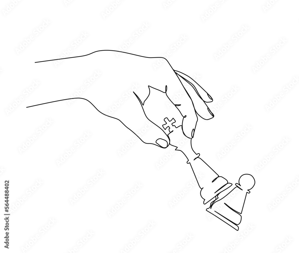 Continuous one line drawing of hand holding chess king and pawn. simple ...