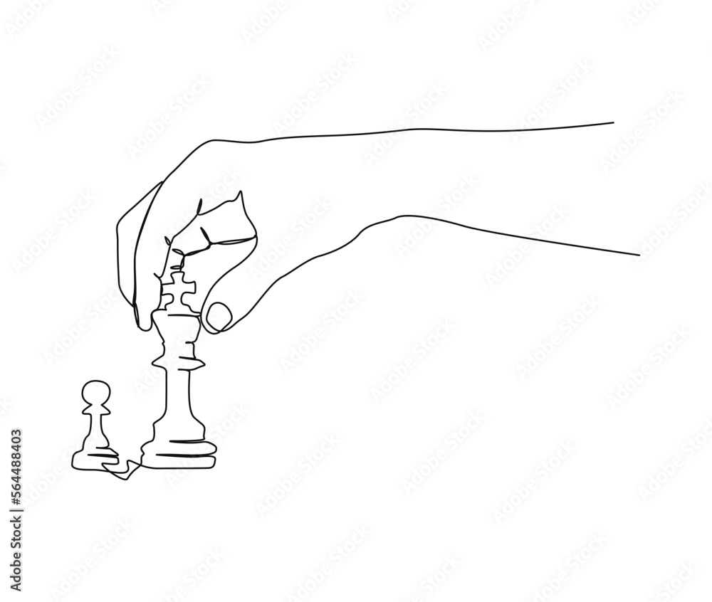 Continuous one line drawing of hand holding chess king and pawn. simple ...