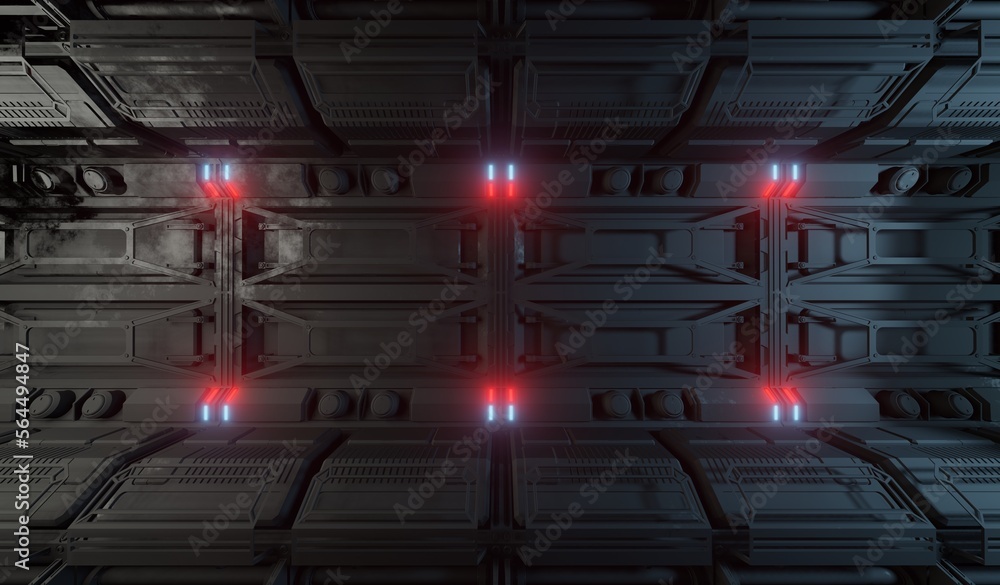 Metal ceiling panel and top roof in hallway science fiction 3d ...