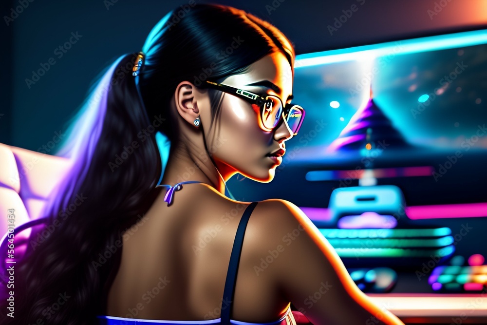 Gaming girl next to tv a fictional person, generative ai Stock ...